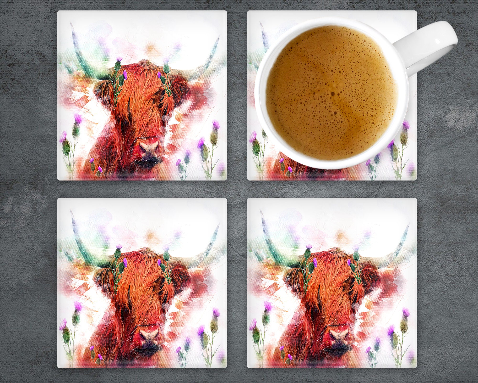 Highland Cow Thistle Glass Coasters Thistle Coaster Cow - Etsy