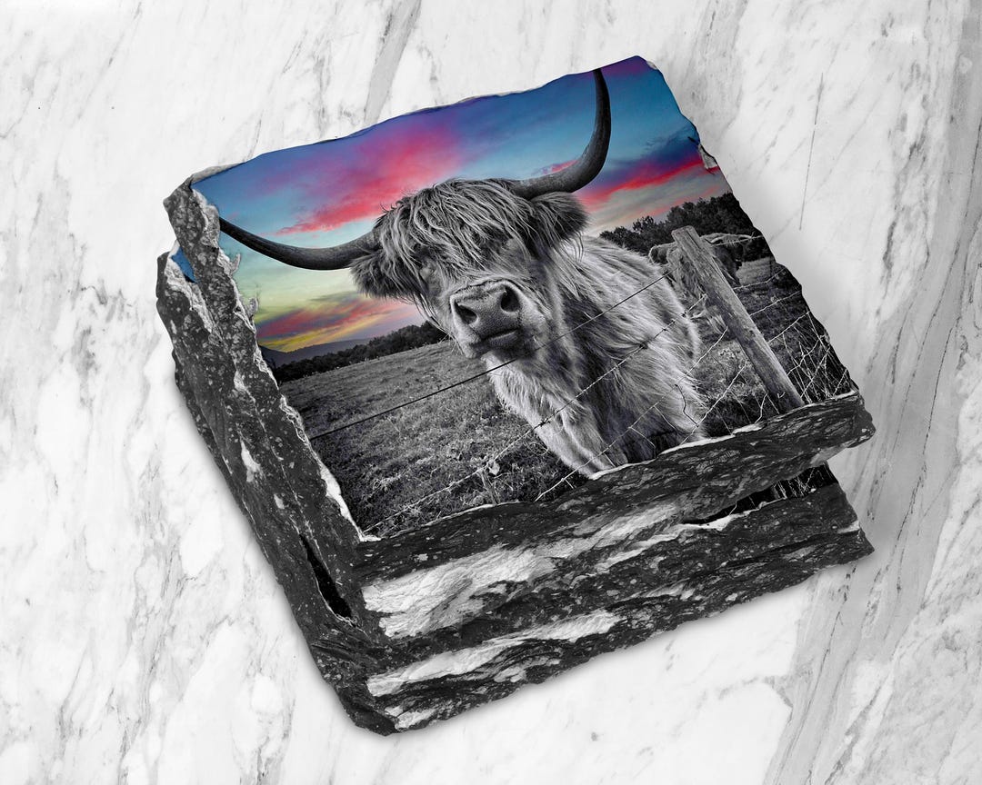 Dramatic Red Sky Highland Cow Slate Coaster, Slate Coaster, Scottish ...