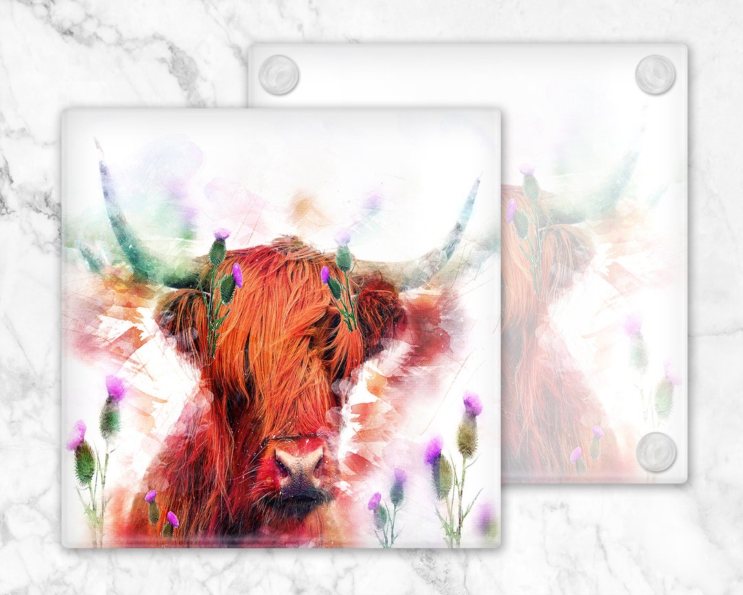 Highland Cow Thistle Glass Coasters, Thistle Coaster, Cow Coasters ...