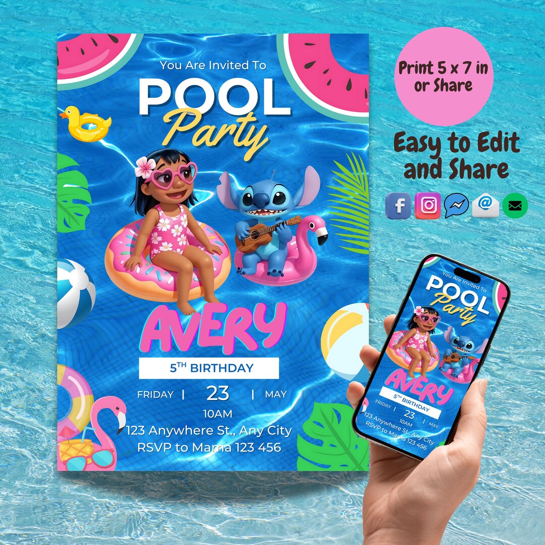 Lilo & Stitch Pool Party Birthday Invitation Editable Stitch Pool Party ...