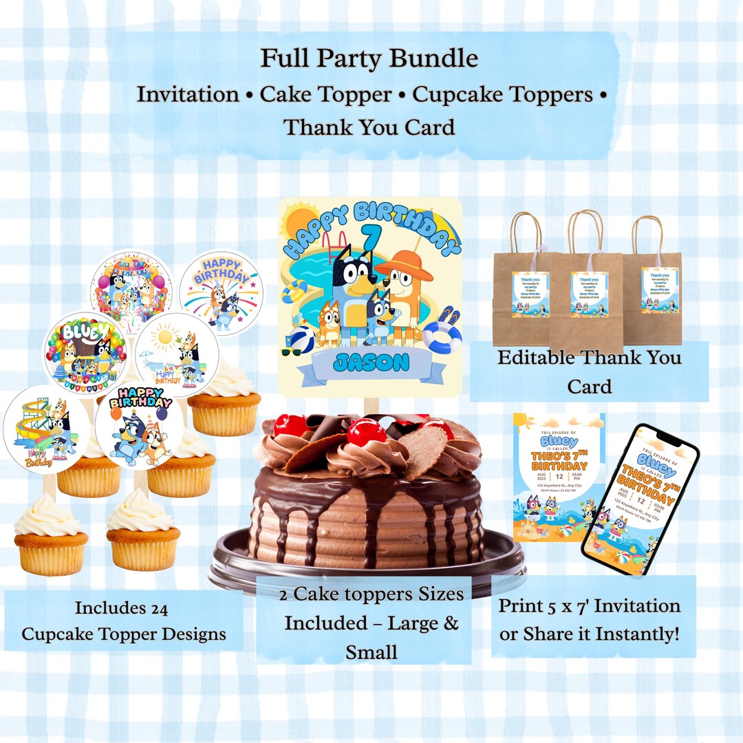 Bluey Birthday Bundle Party Invitation Cake Topper Cupcake Topper Thank ...