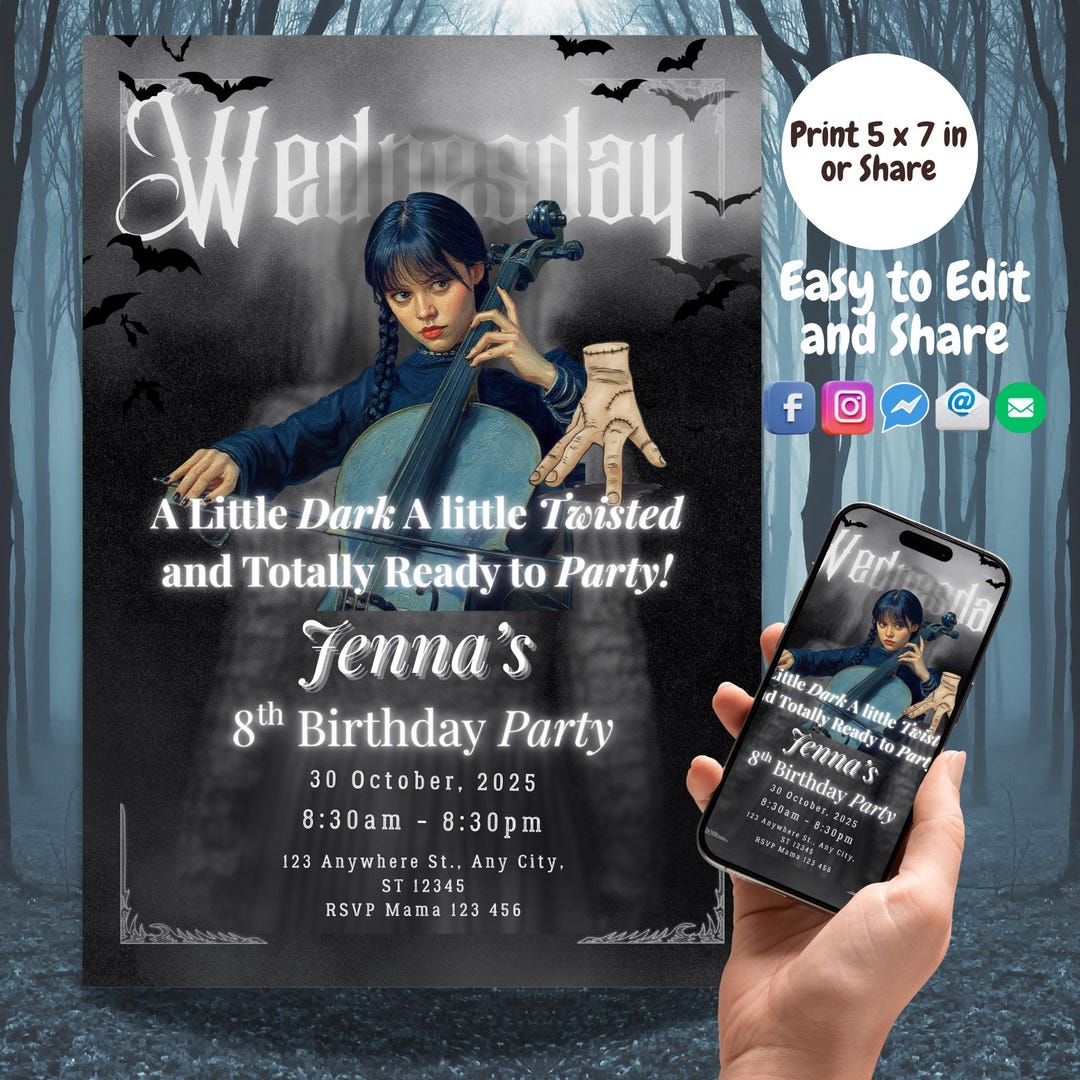 Wednesday Addams Birthday Invitation: Gothic Party, Editable Canva ...