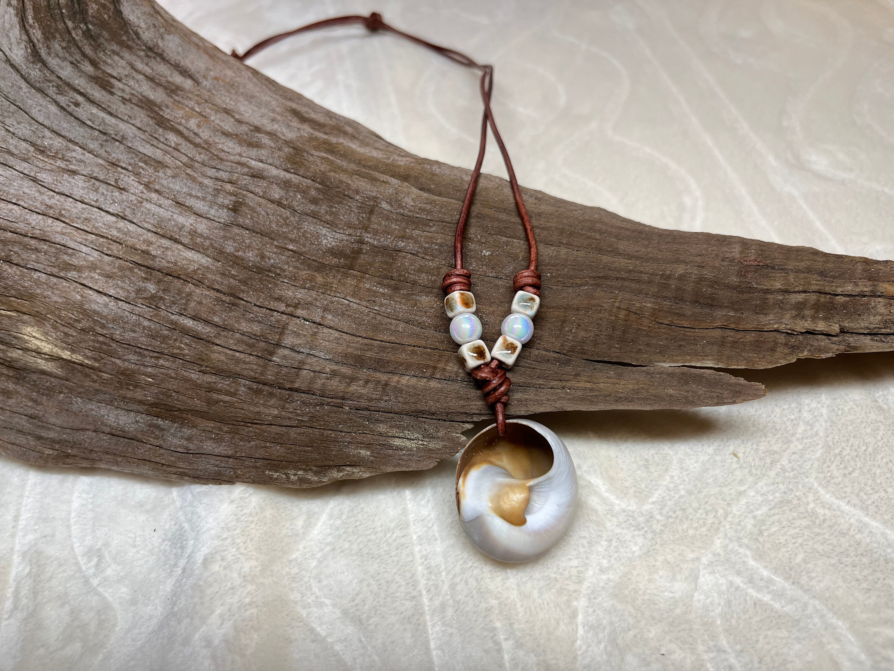 Shark Eye Seashell, Necklace, Leather Cording, Slip On, Nautical ...