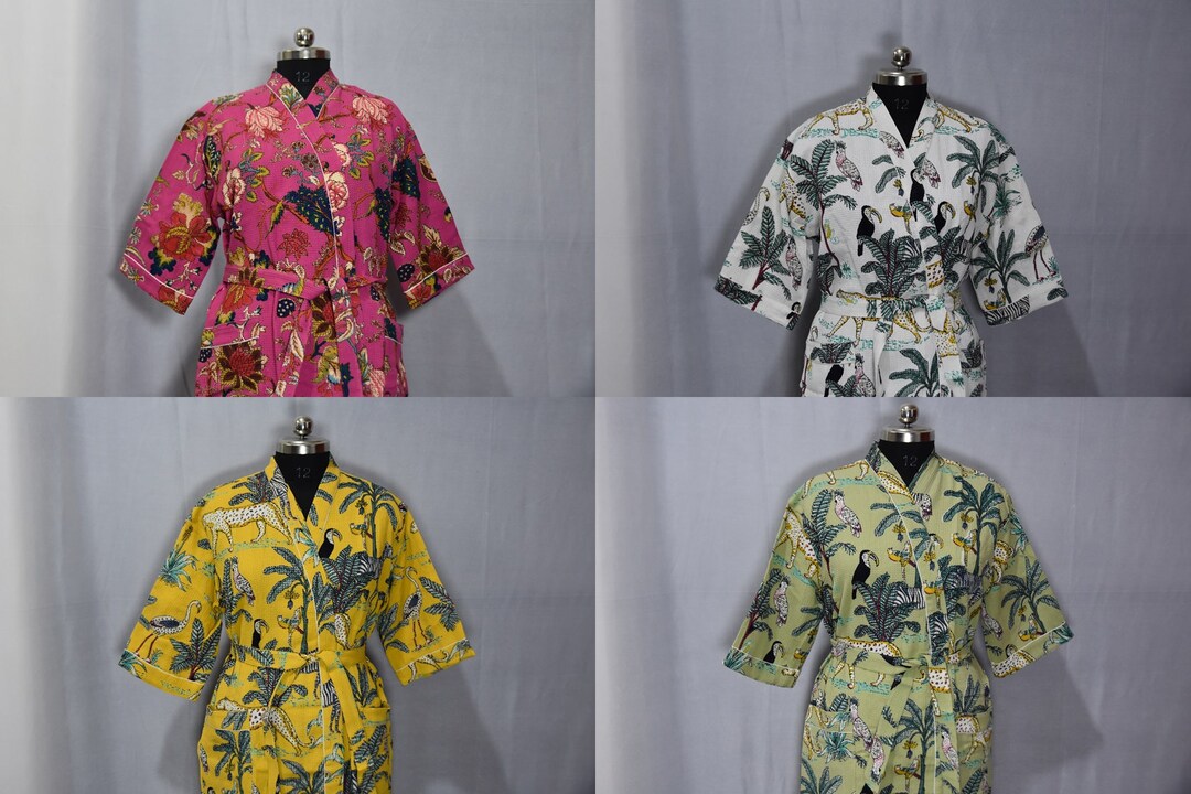 Multi Color Jungle Print Cotton Waffle Robes for Women Indian Dressing ...