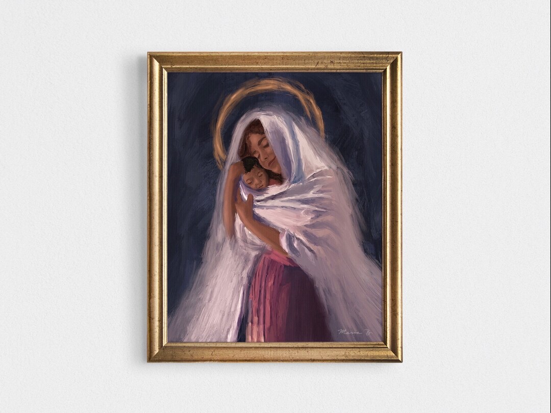 Mother of Joy Art Print, Mary Cuddling Baby Jesus Painting, Christian ...