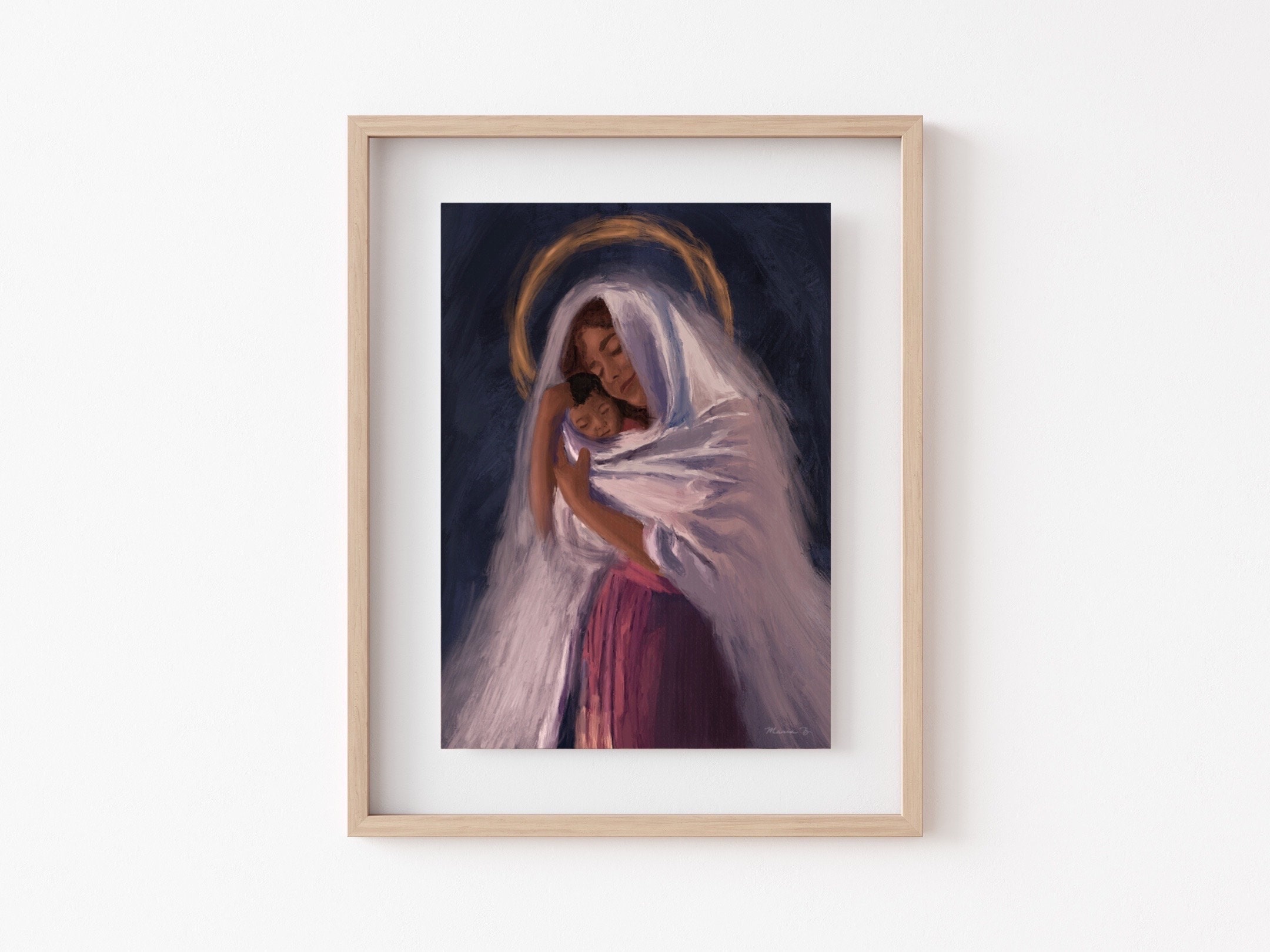 Mother of Joy Art Print, Mary Cuddling Baby Jesus Painting, Christian ...