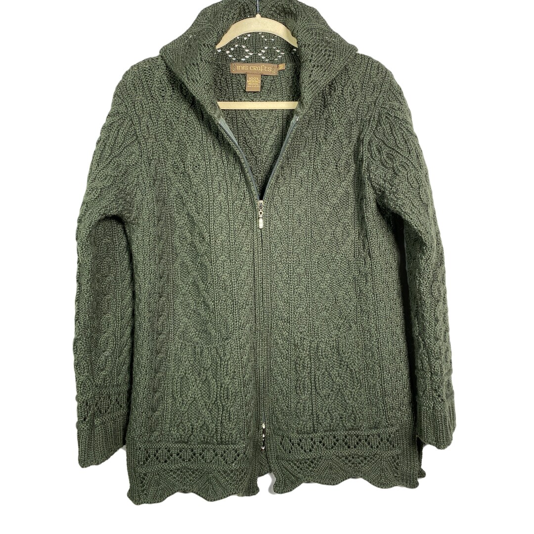 Vintage INIS CRAFTS Merino Wool Cardigan Sweater Green Hand Knit Irish ...