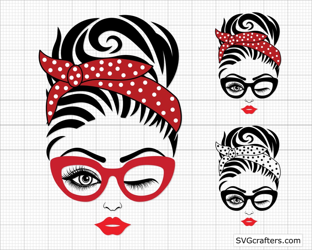 Messy Bun Svg, Messy Bun Bandana SVG, Mom With Bandana and Glasses SVG ...