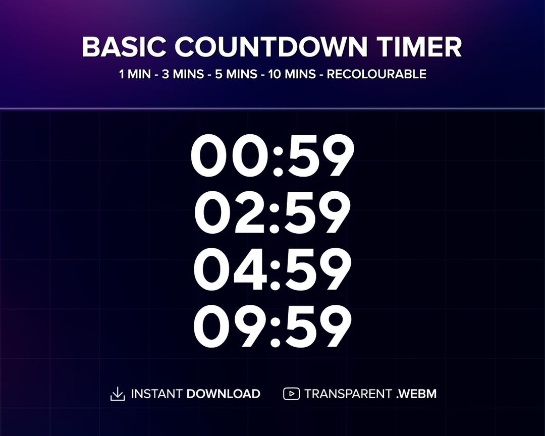 Countdown Timer for Twitch/kick/youtube Stream Overlay, 1 Min, 3 Mins, 5 Mins, 10 Mins, Loading ...