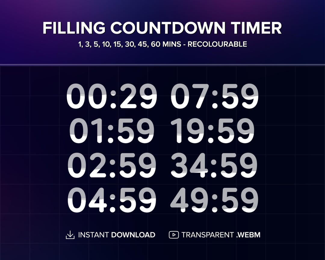 Filling Countdown Timer for Twitch/kick/youtube Stream Overlay, 1, 3, 5 ...
