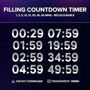 Filling Countdown Timer for Twitch/kick/youtube Stream Overlay, 1, 3, 5, 10, 15, 30, 45, 60 Mins ...