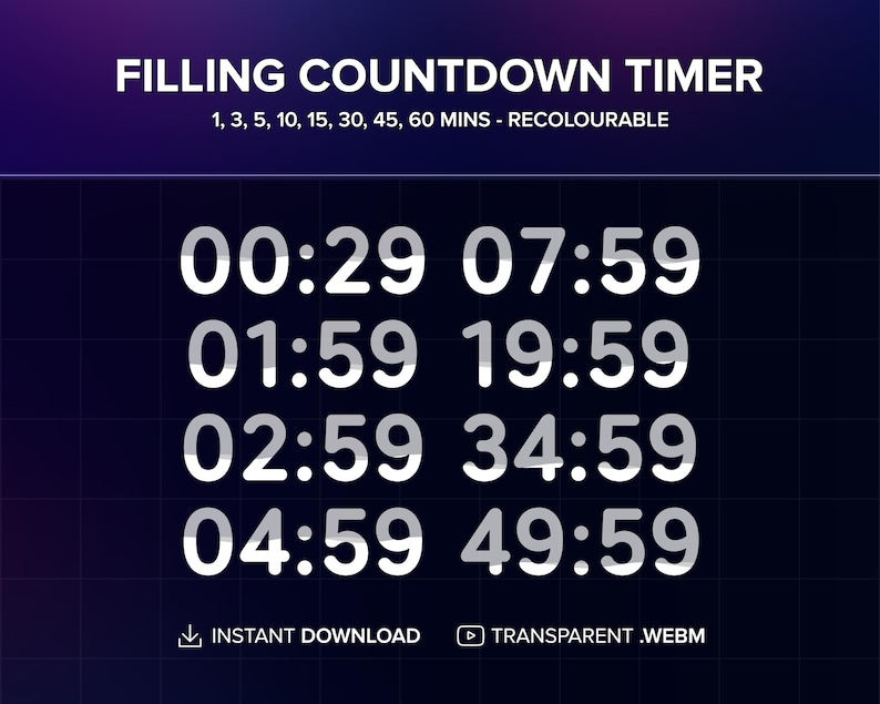 Filling Countdown Timer for Twitch/kick/youtube Stream Overlay, 1, 3, 5 ...