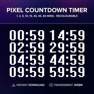 Pixel Countdown Timer for Twitch/kick/youtube Stream Overlay, 1, 3, 5 ...
