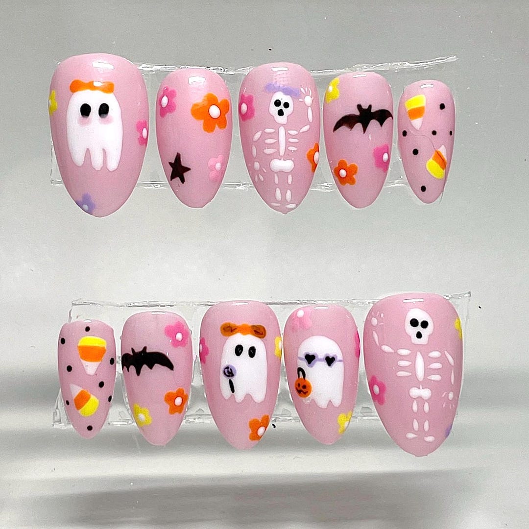 GHOULS WITH TREATS Skeleton, Ghost, Halloween Press on Nails Pink Nails ...