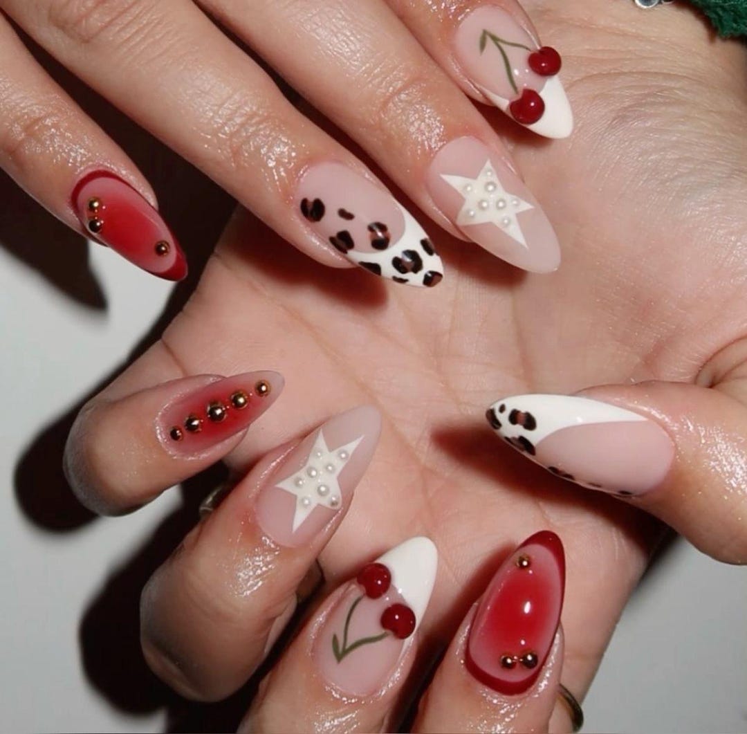 Custom Tortoise, Pearl Star, Red Press on Nails red Nails Fake Nails ...