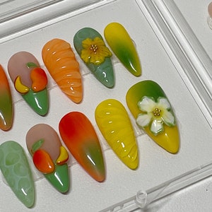 MANGO TANGO Reusable Press on Nails Fruit Nails Mango Nails 3D Nail Art 3D Lines Fruit Press on ...