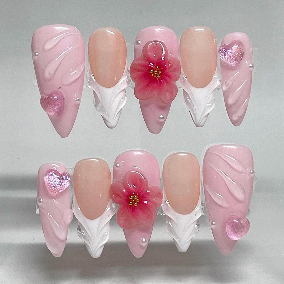 PILLOW TALK Pink 3D Floral, White French Tip Press on Nails French Tip ...