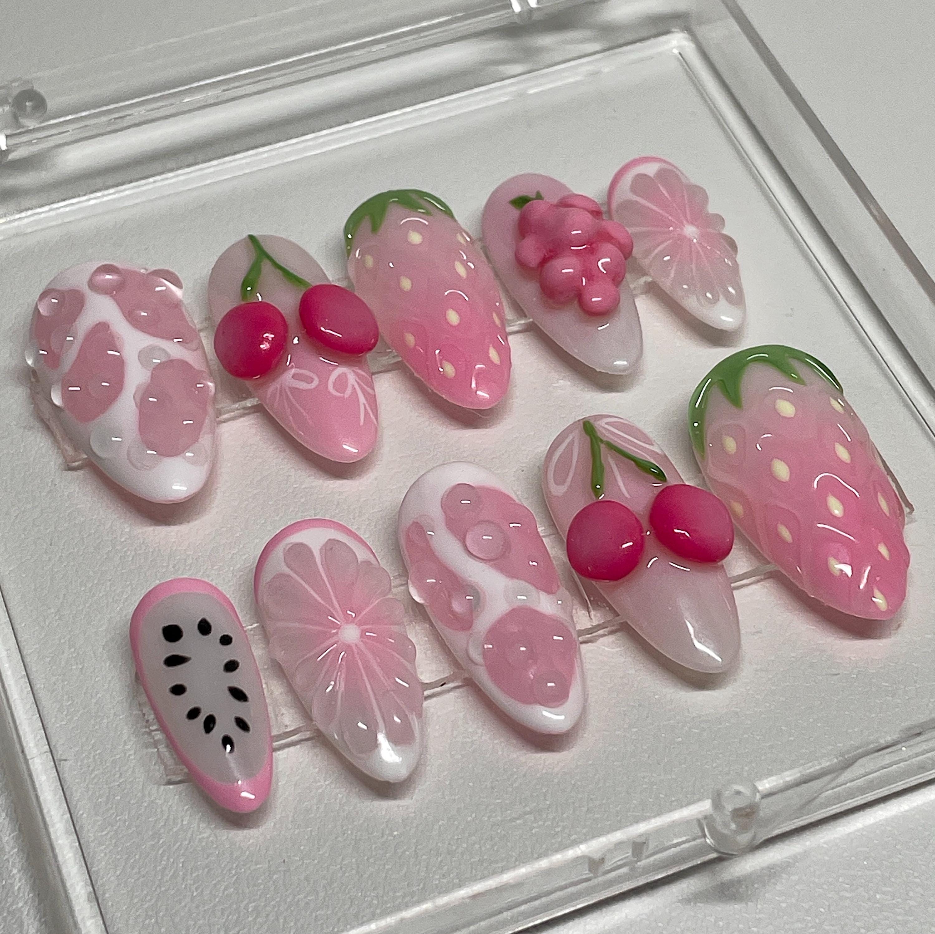 PINK LEMONADE Reusable Press on Nails Fruit Nails Pink Nails Grapefruit ...