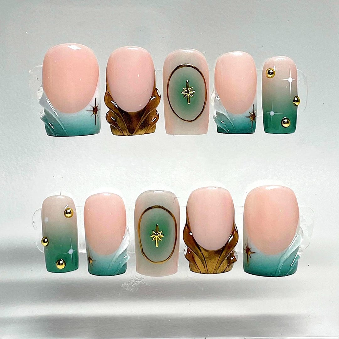 KARMA Teal Gold Chrome Aura, French Tip Fall Press on Nails Fall Nails ...