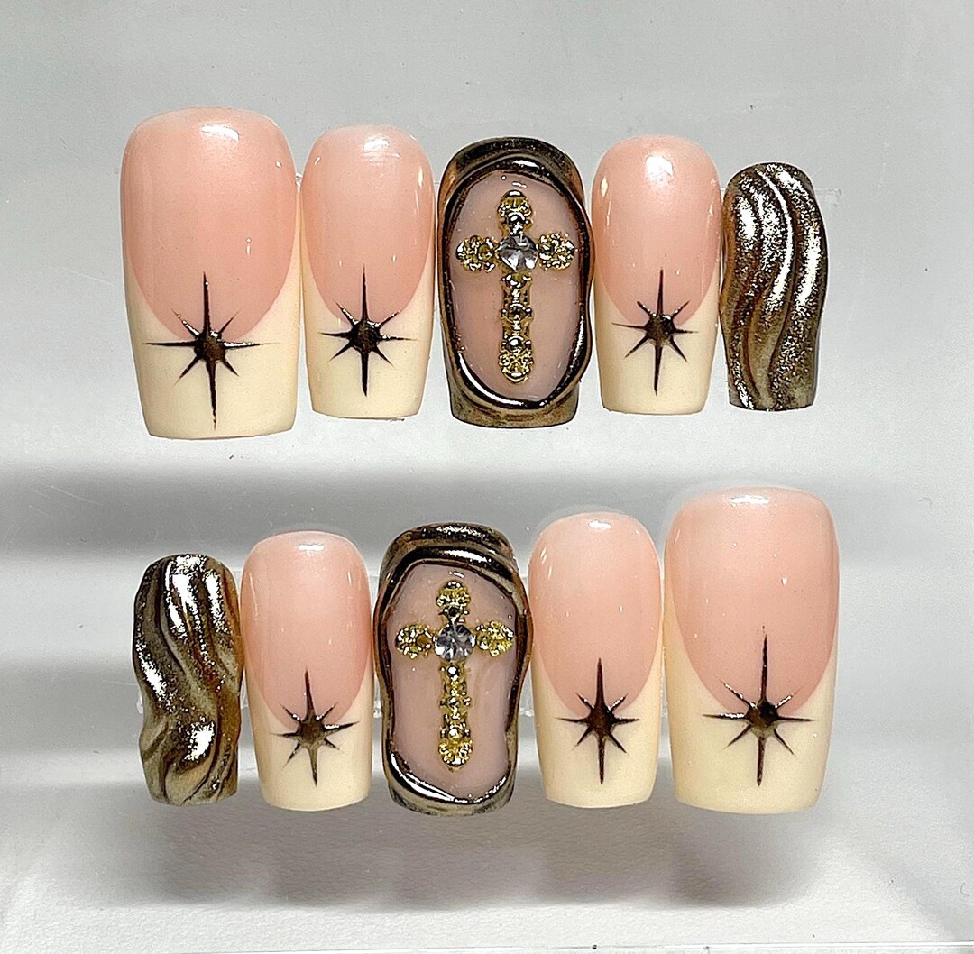SABRINA — Cream French Tip, Chrome Press on Nails | Gold Chrome Nails ...