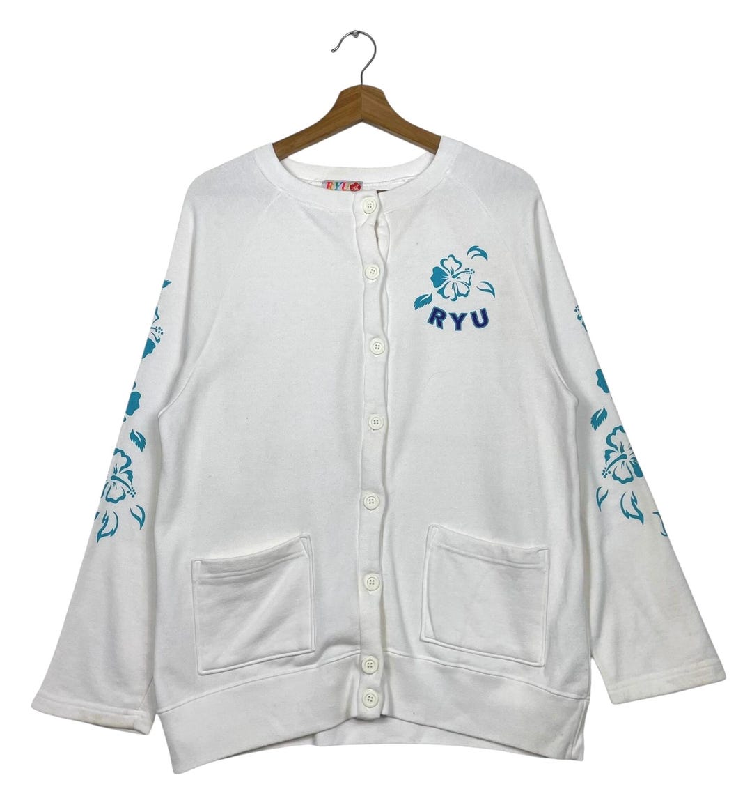 Pick!! 90s Ryu Sport Surf Sweater Floral Motif Button Style Vintage ...