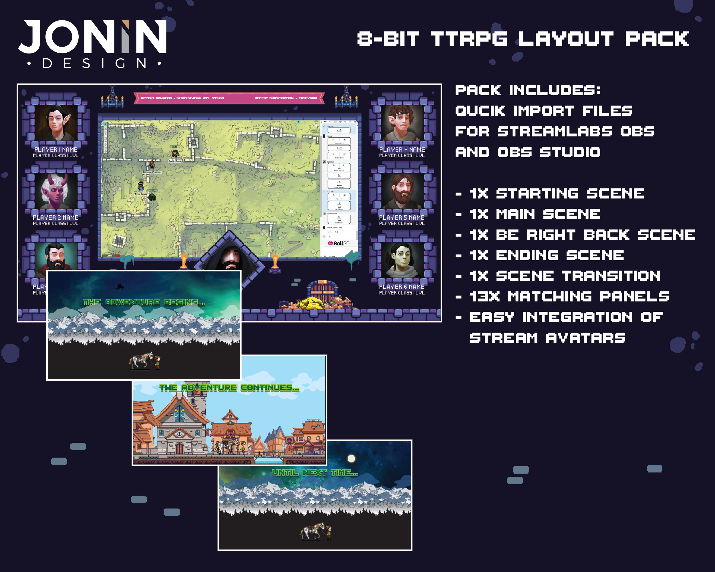 Twitch 8-bit TTRPG Overlay Pack Main / Starting / BRB / Ending Scenes ...