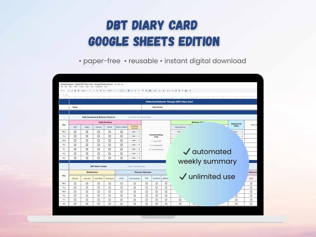 DBT Diary Card Google Sheets | Automated Weekly Summary | DBT Skills ...