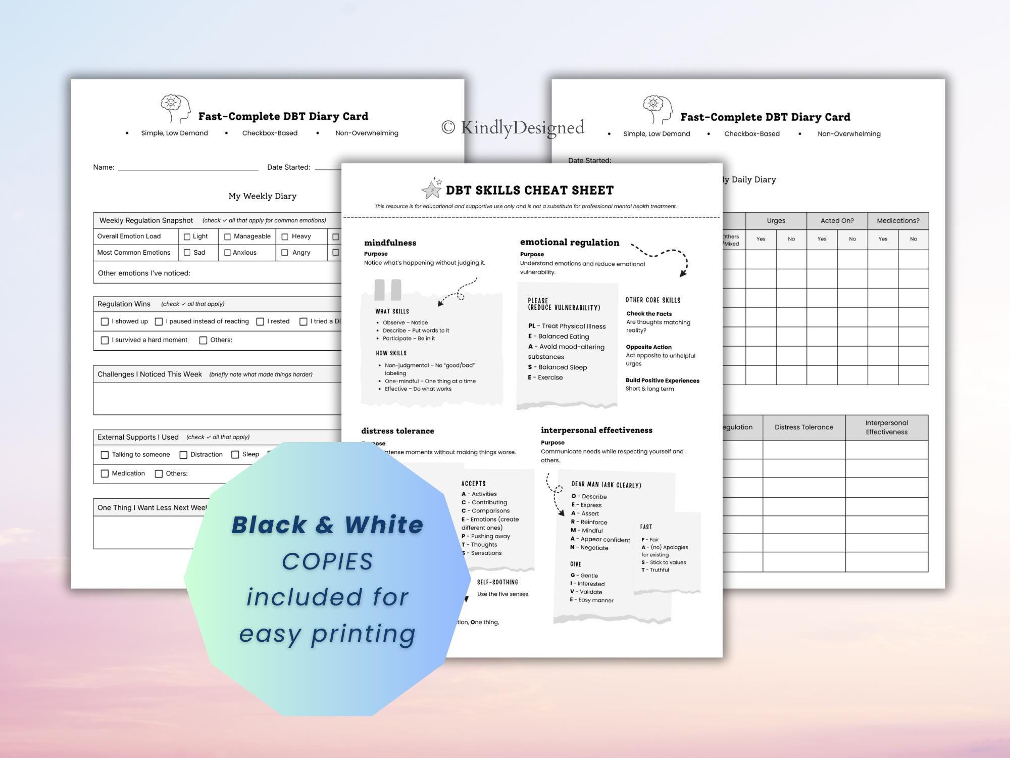 Simple DBT Diary Card for Teens and Adults, Skills Tracker and Cheat ...
