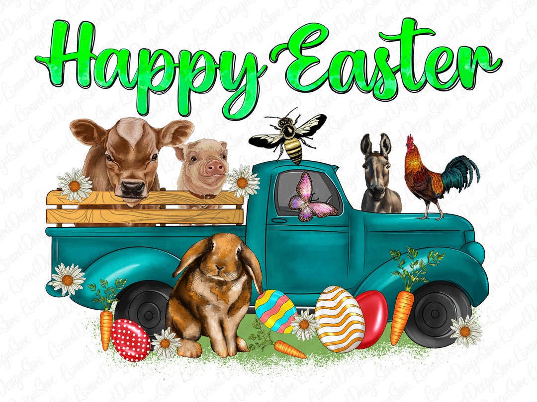 Happy Easter Truck With Farm Animals Png Sublimation Design Download ...