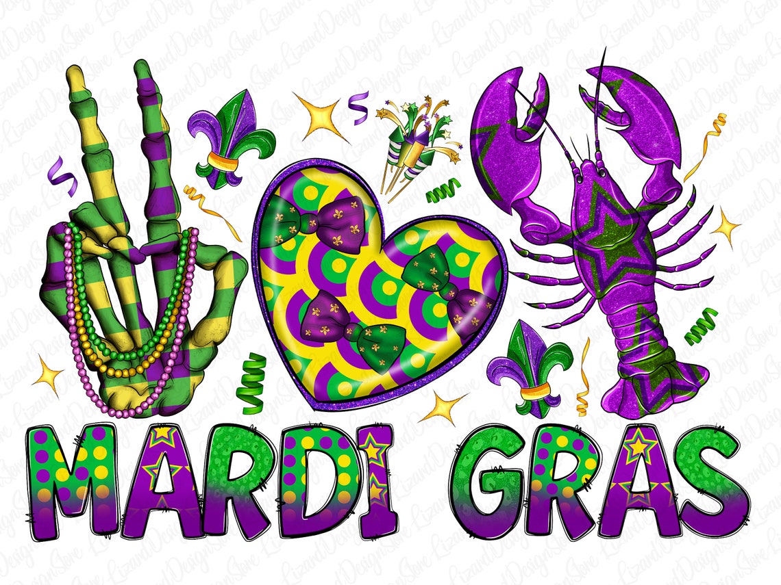 Peace Love Crawfish Mardi Gras Skeleton Hand Png Sublimation - Etsy