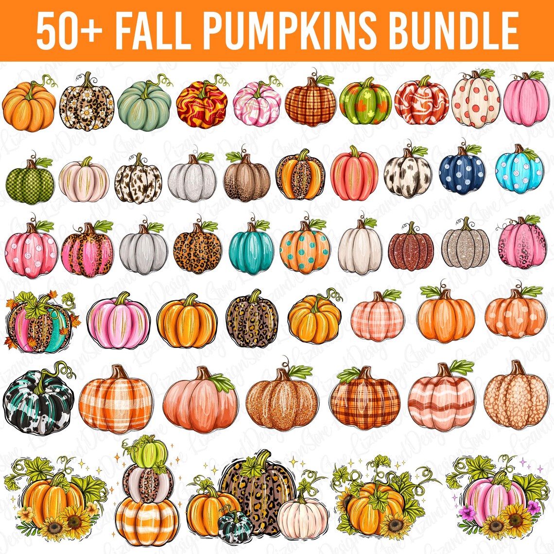 50+ Fall Pumpkins Clipart Bundle, Watercolor Autumn Pumpkin Collection ...