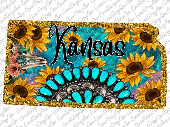 Kansas Sunflower Gemstone Map Kansas State Boho Skull | Etsy