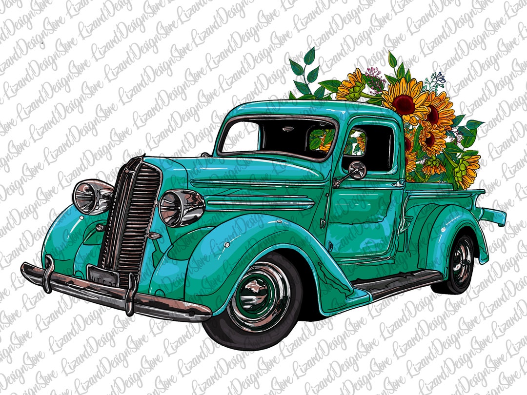 Turquoise Truck Sunflowers Png, Vintage Blue Truck, Sunflowers Truck ...