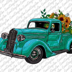 Turquoise Truck Sunflowers Png, Vintage Blue Truck, Sunflowers Truck ...