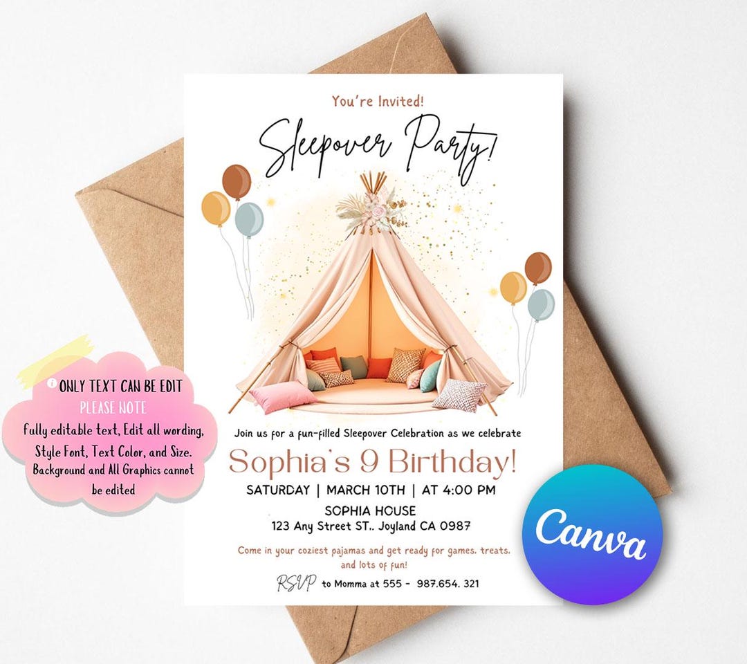 Editable Minimalist Slumber Birthday Invitation, Girl Sleepover ...