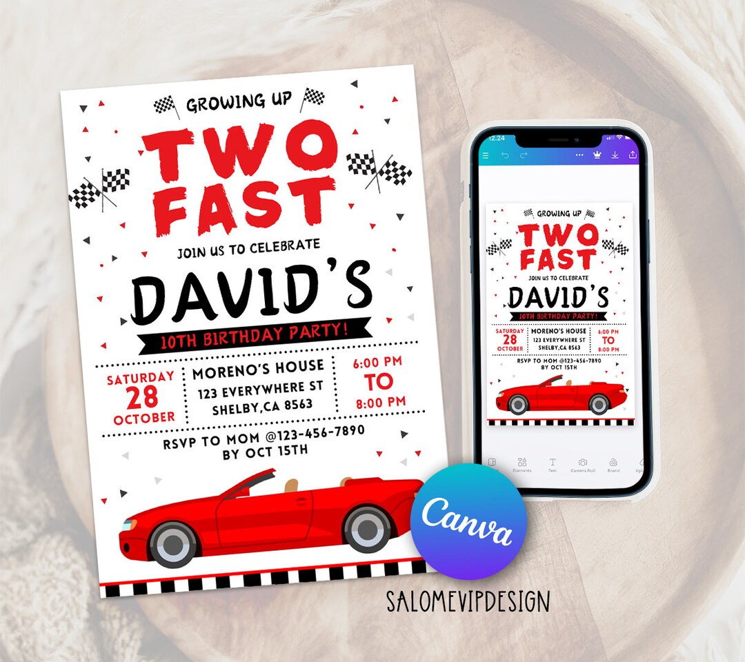 Editable Two Fast Invitation, Two Fast 2nd Birthday Invitations, Racing ...