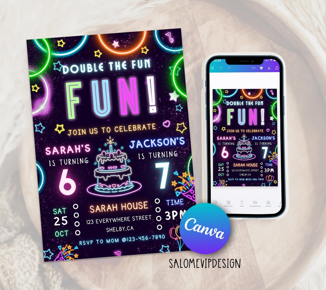 Editable Sibling Birthday Invitation, Double Birthday Invitation, Neon ...