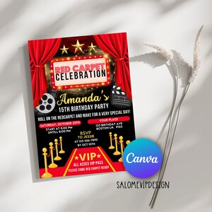 Editable Red Carpet Birthday Invitation, Hollywood Movie Party Invite ...