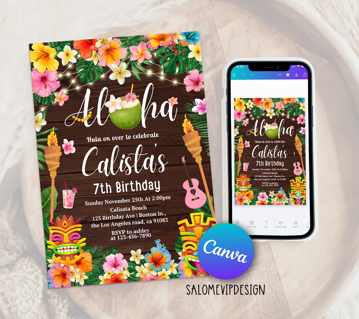 Editable Aloha Birthday Invitation, Luau Party Invitation, Hawaiian ...