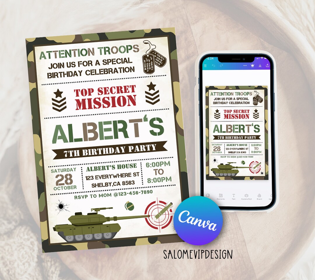 Editable Army Birthday Invitation, Military Party Invitation, Solider ...