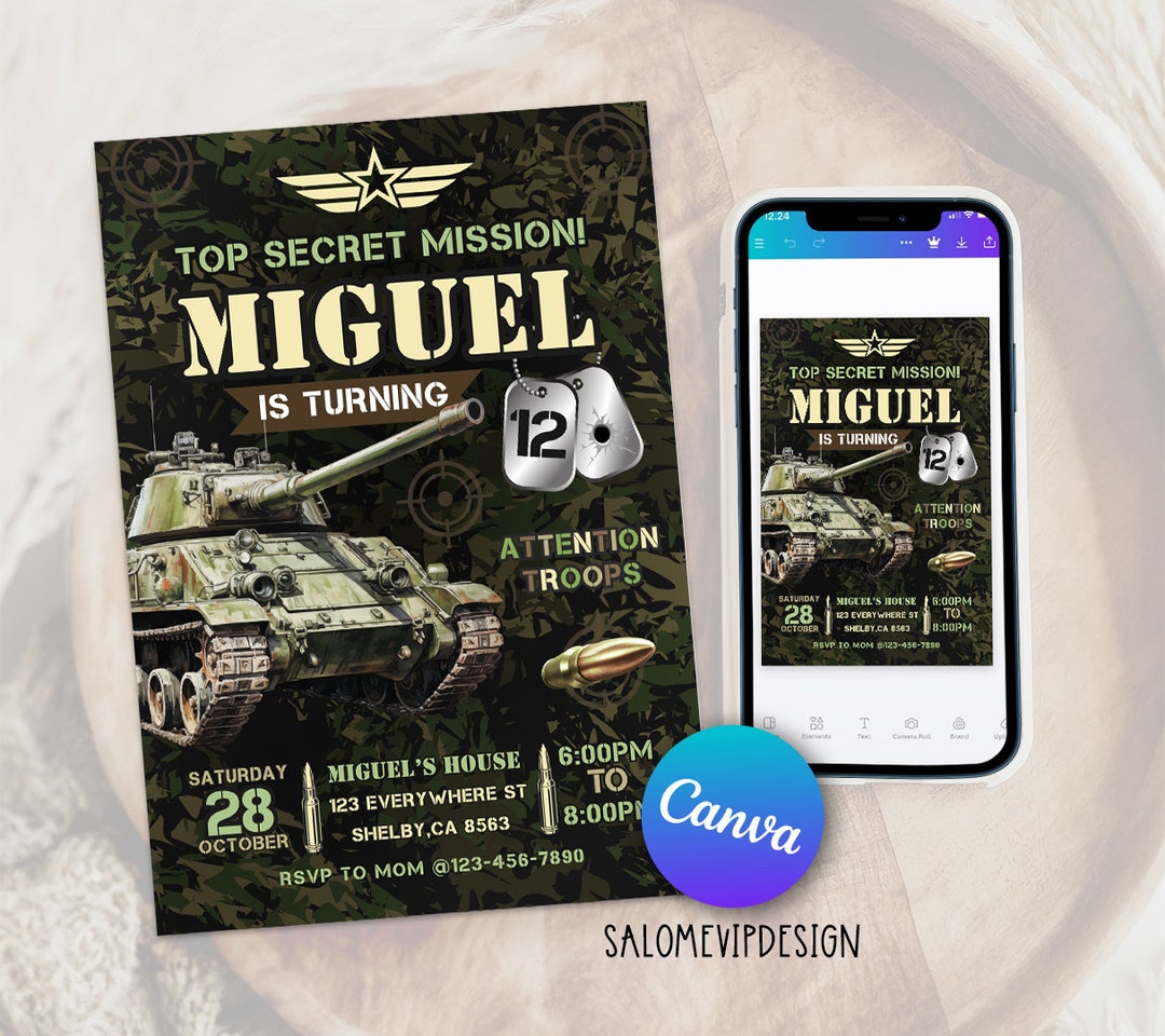 Editable Military Party Invitations, Soldier Birthday Invitation ...