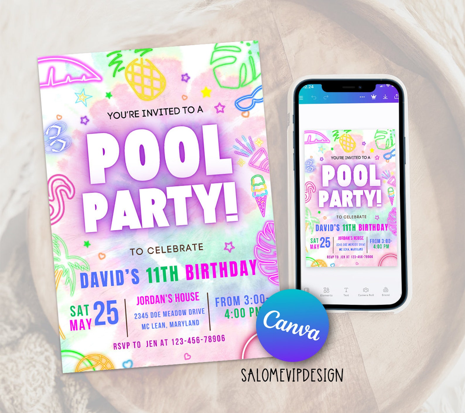 Editable Editable Pool Party Invitation, Neon Summer Birthday Party ...