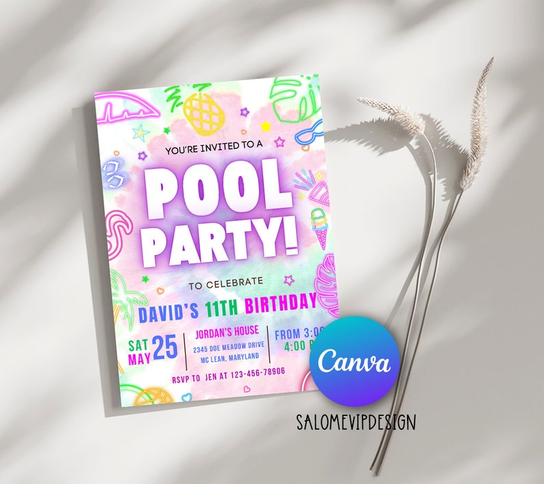 Editable Editable Pool Party Invitation, Neon Summer Birthday Party ...