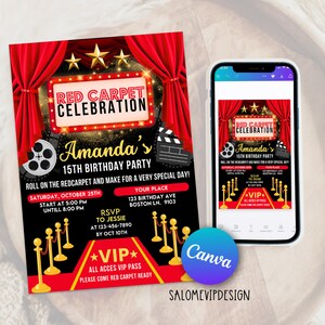 Editable Red Carpet Birthday Invitation, Hollywood Movie Party Invite ...