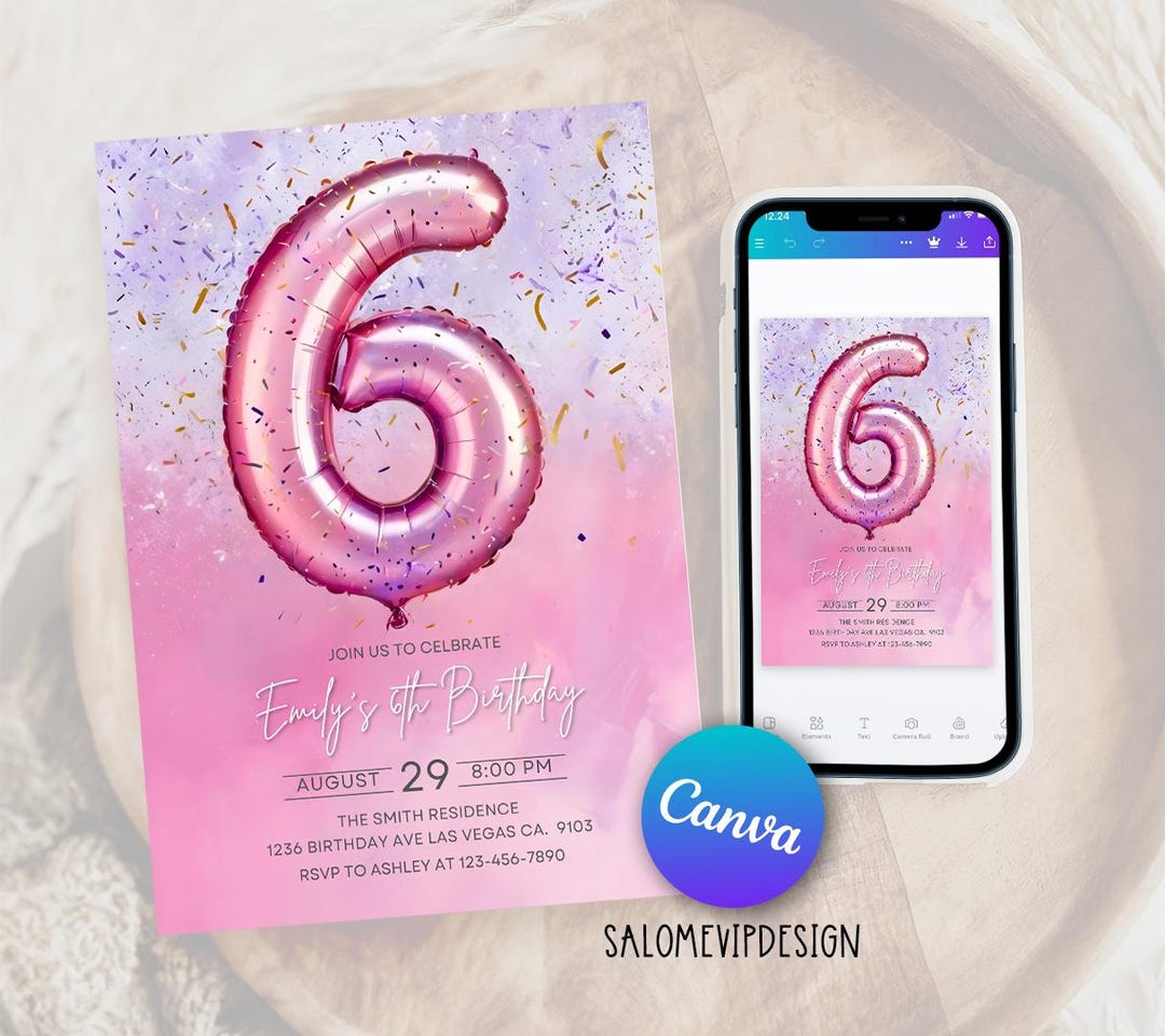 Editable 6th Pink Glitter Birthday Girl Invitation, Rainbow Foil ...