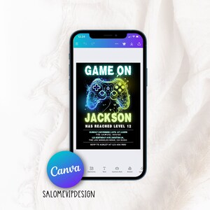 Editable Video Game Party Invitation, Neon Glow Boy Level up Birthday ...