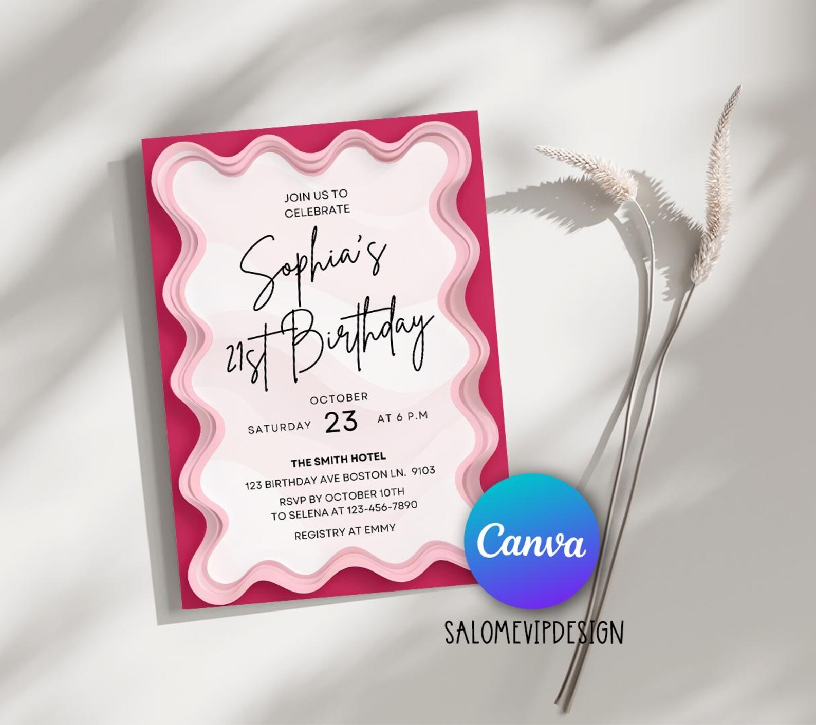Editable Ladies 21st Birthday Invitation, Wavy Border 21st Birthday for ...
