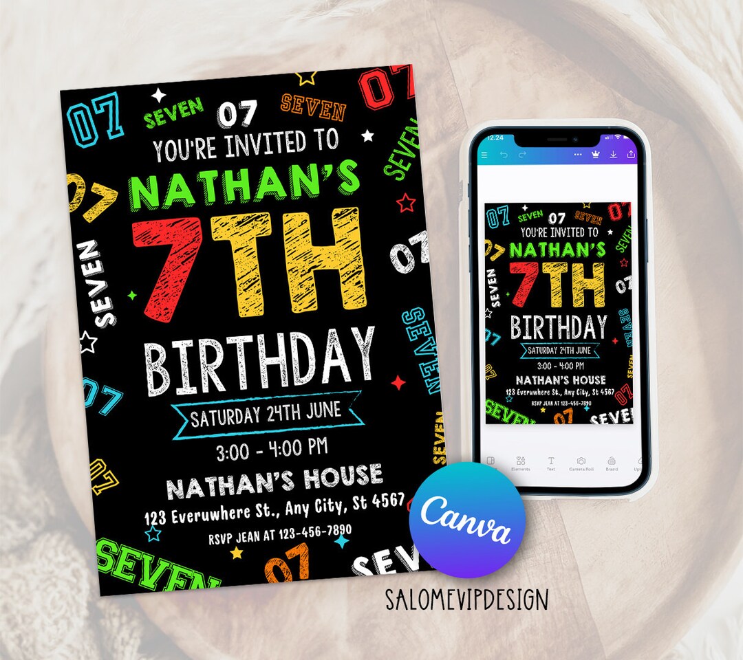 Editable 7th Birthday Invitation, Boy Birthday Invitation, Number ...