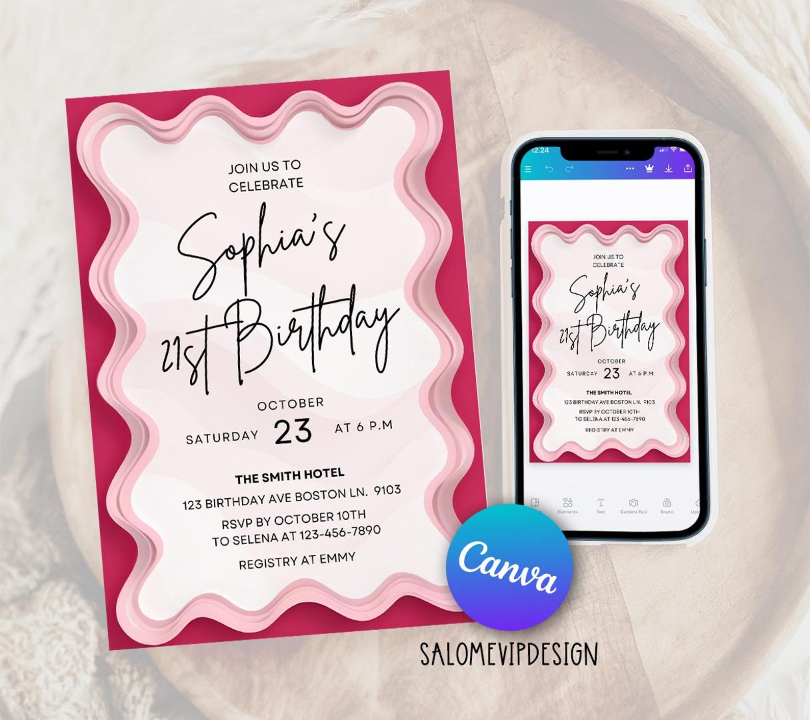 Editable Ladies 21st Birthday Invitation, Wavy Border 21st Birthday for ...