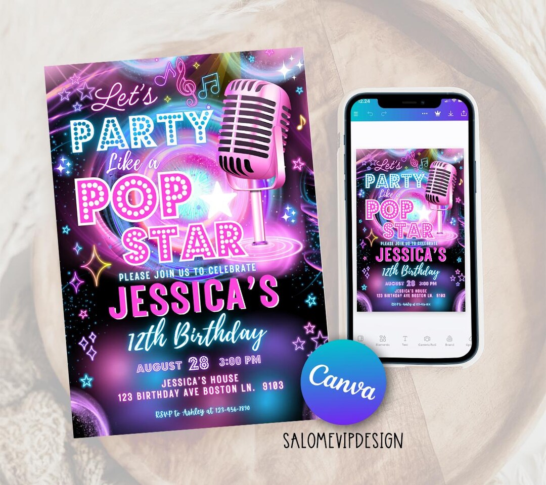 Editable Pop Star Birthday Invitation, Neon Glow Party Like Pop Star ...